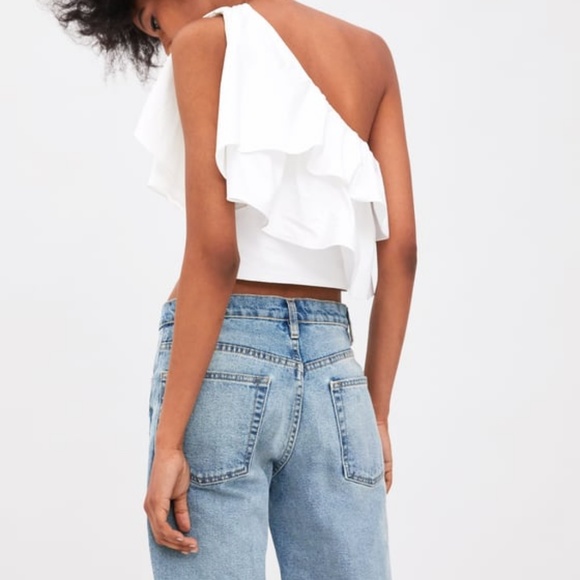 Zara | Tops | Zara White Asymmetric Voluminous Poplin Frilled Ruffled ...